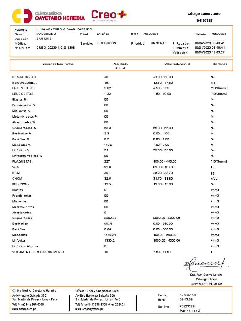 Unidades Resultado Actual Examenes Realizados Valor Referencial | PDF ...