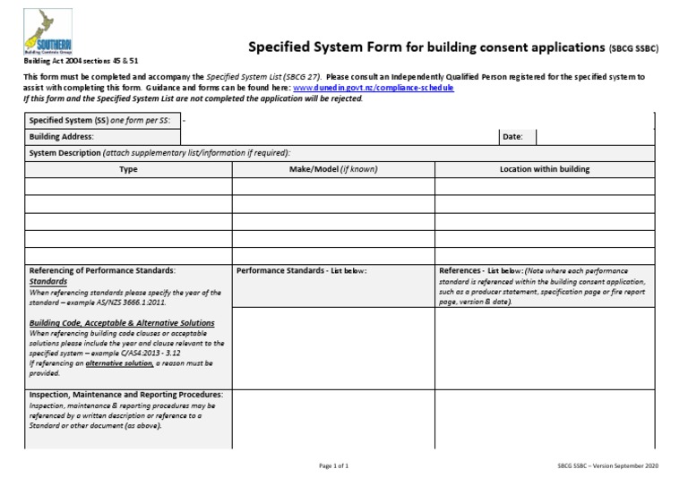 Specified System Form For Building Consent Applications SBCG SSBC | PDF