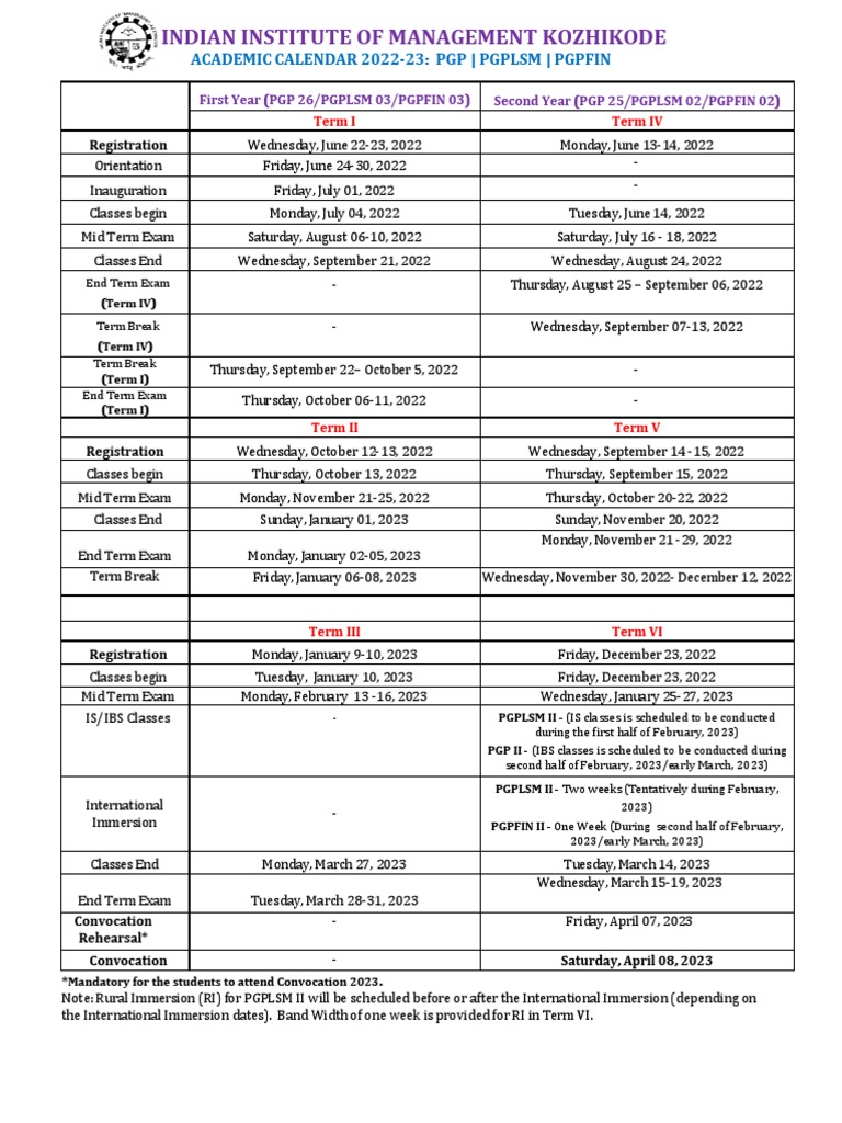 IIM Kozhikode Academic Calendar | PDF | Academic Term | Observances