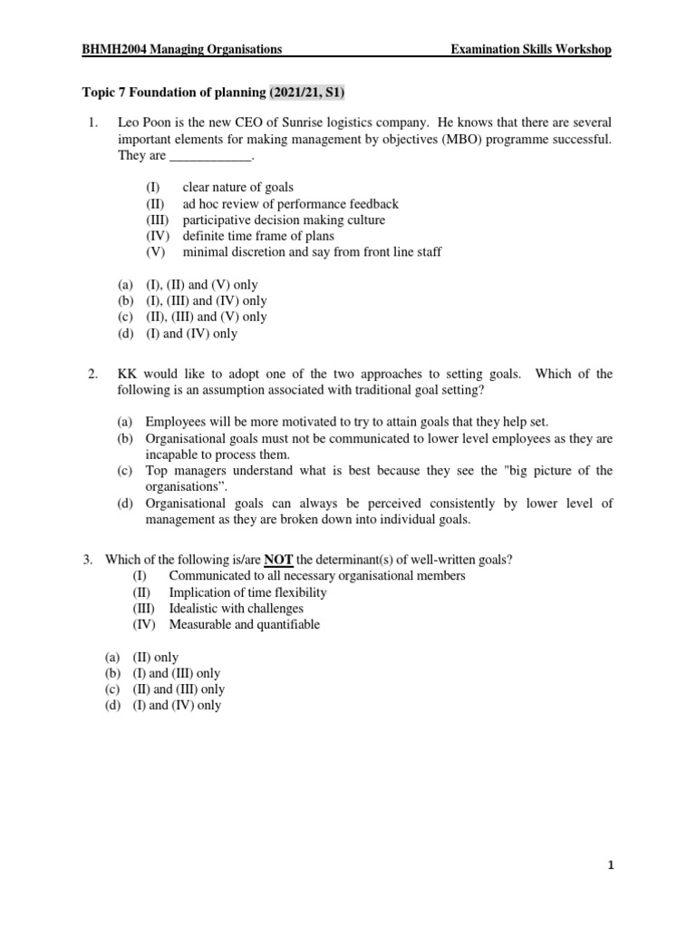 MCQ Exercise (Topic 7 - 12) Questions 2021 S1 | PDF | Leadership | Organizational Structure