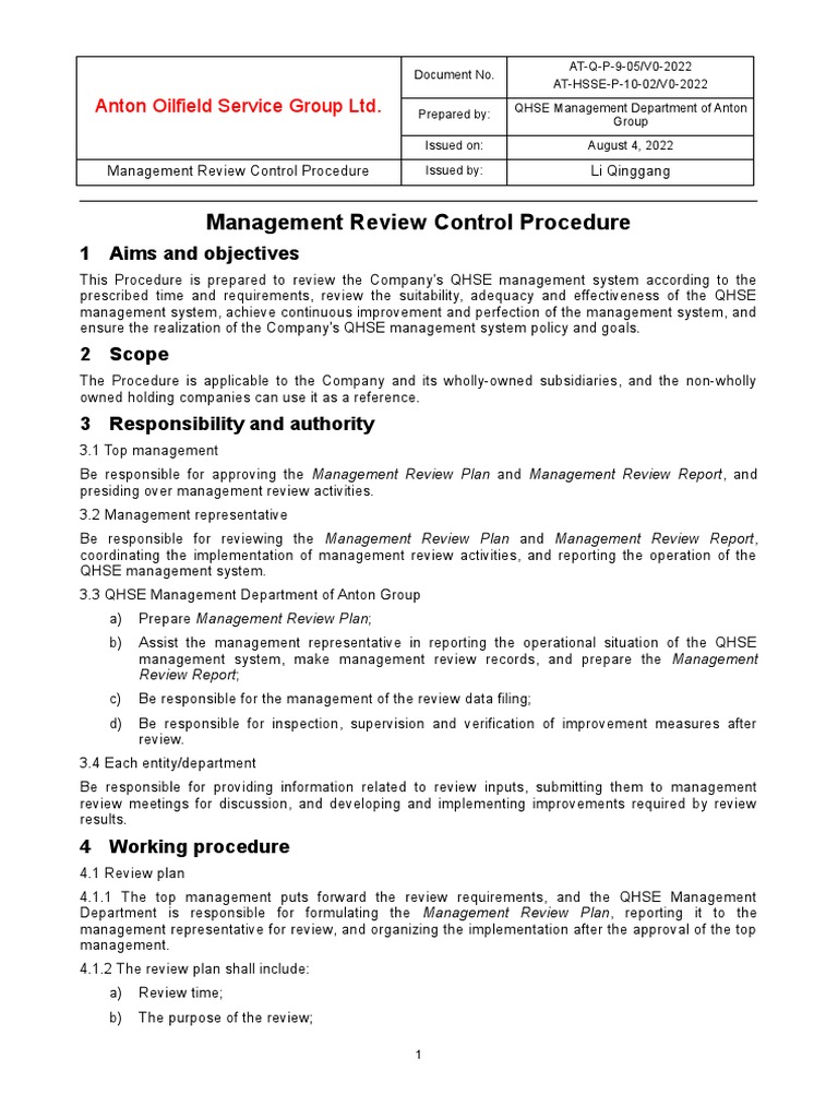 Management Review Control Procedure | PDF | Risk | Regulatory Compliance