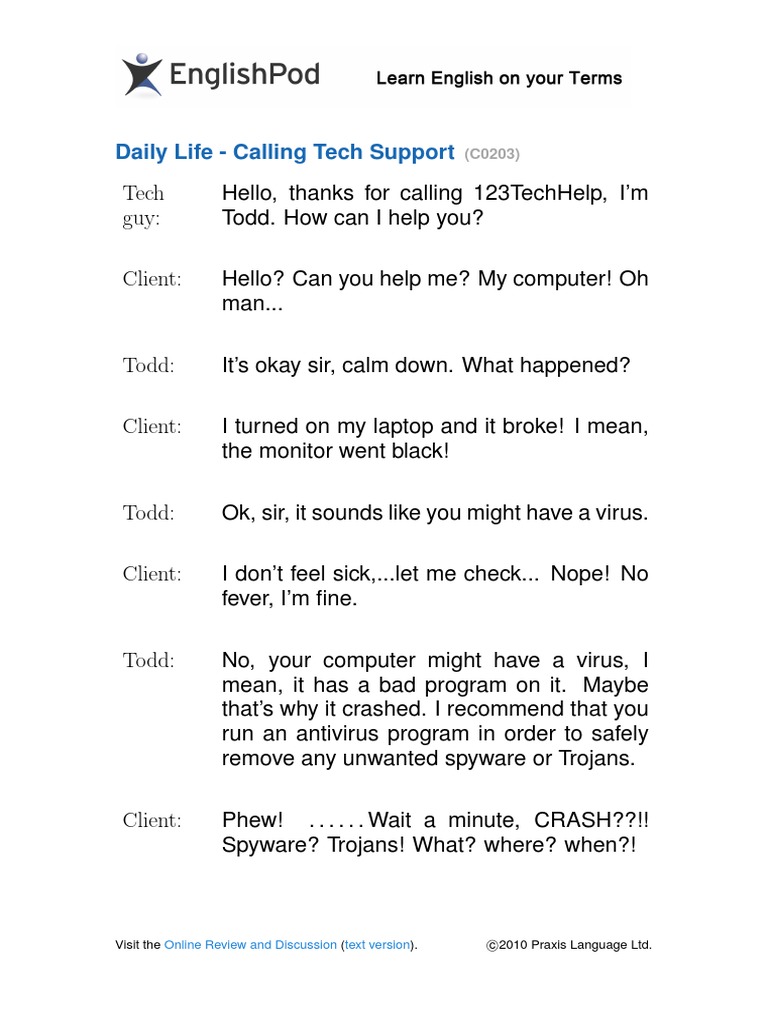 Daily Life - Calling Tech Support | PDF | Computer Virus | Grammatical ...