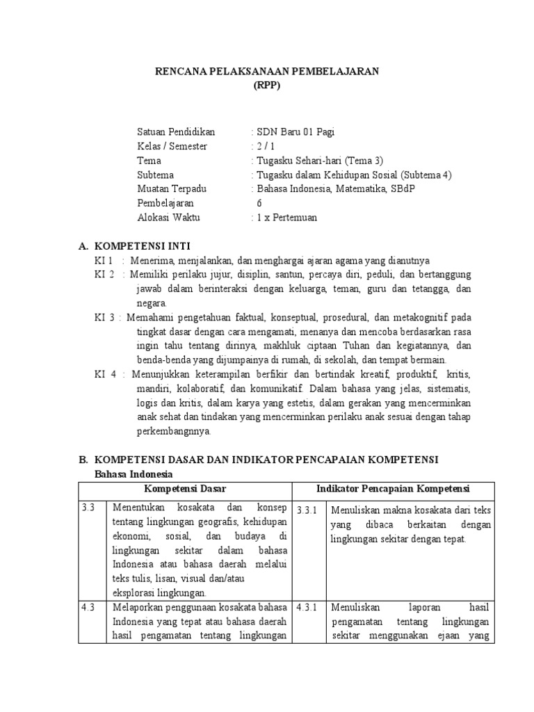 RPP Kelas 2 Tema 3 Subtema 4 Pem 6 | PDF