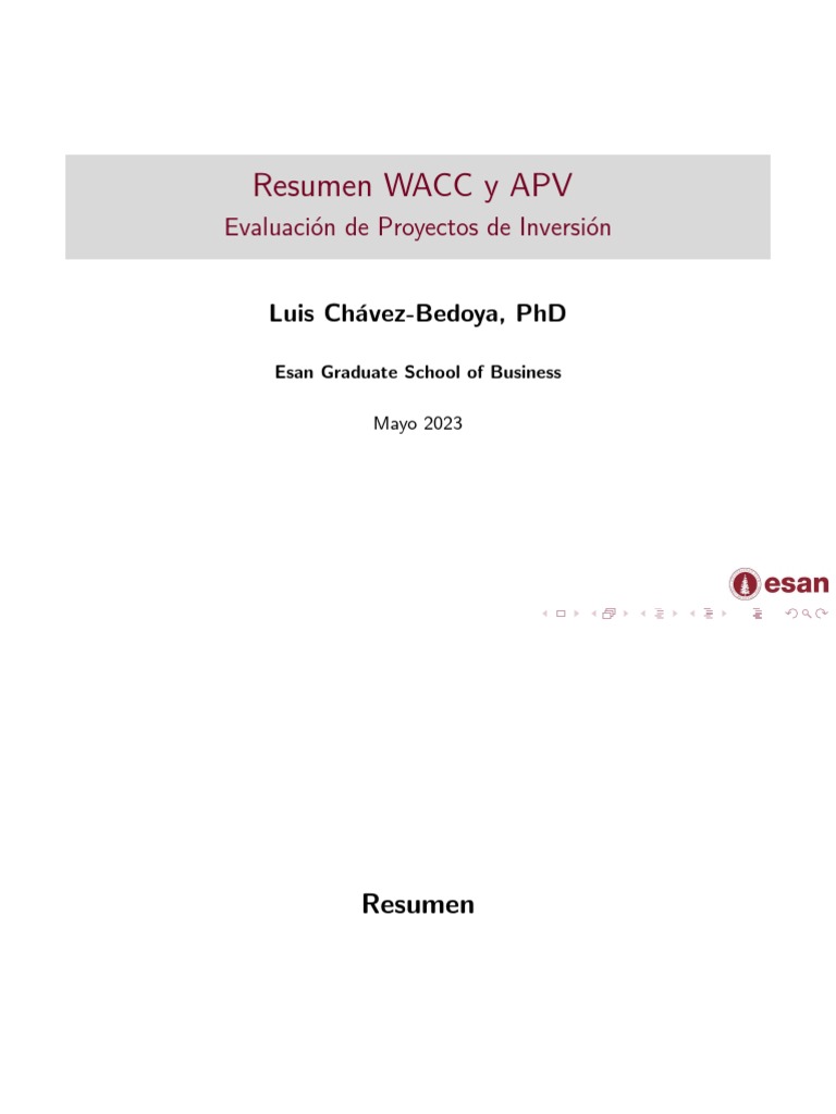 Resumen WACC y APV: Evaluaci On de Proyectos de Inversi On | PDF | Flujo de caja descontado ...