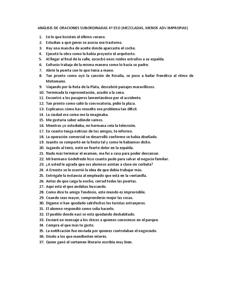 Análisis de Oraciones Subordinadas Mezcladas 4eso | PDF