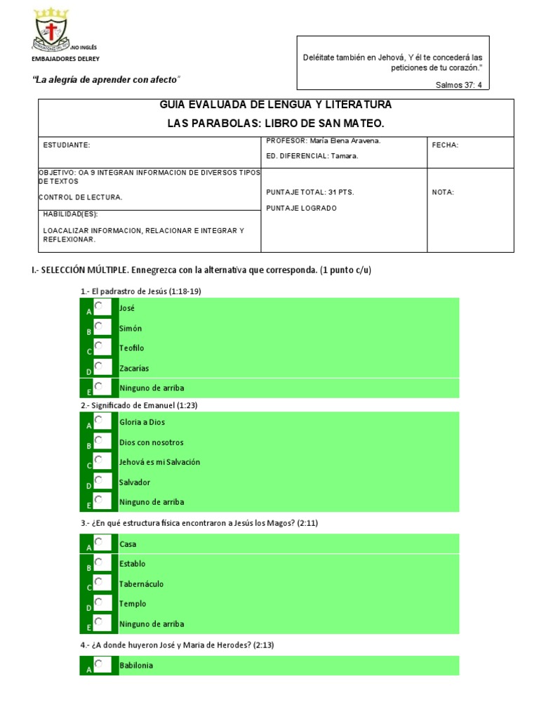 Guía Evaluada: Parábolas de Mateo | PDF | Jesús | Pecado