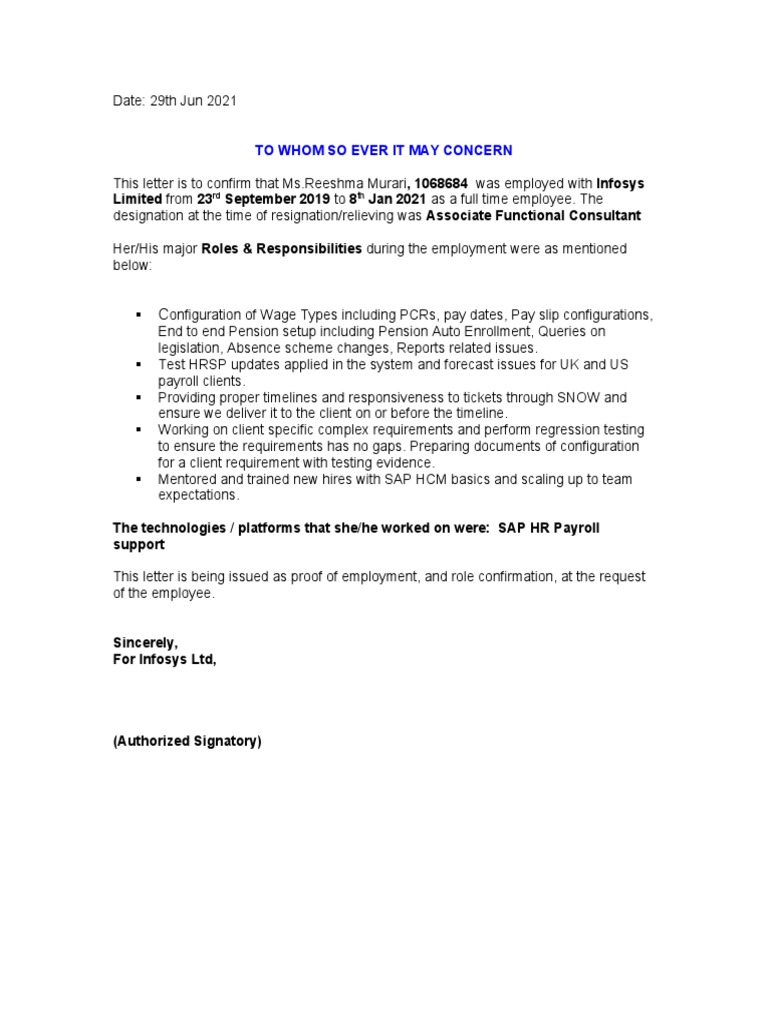 Work Experience Letter Template-1068684 - Reeshma Murari | PDF | Business