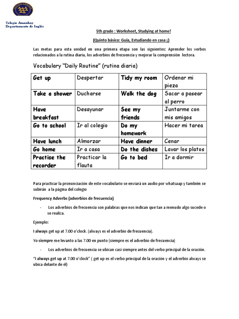 5th Grade Worksheet Studying at Home | PDF | Tipología Lingüística ...