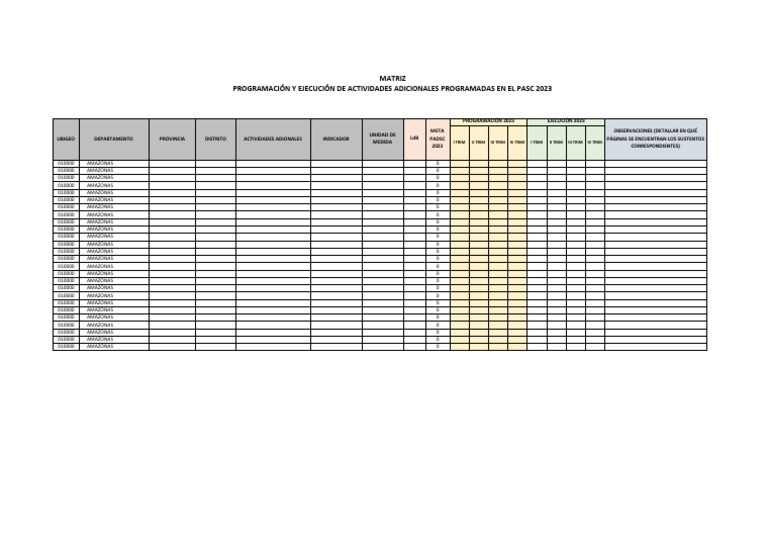 Matriz - Programación y Ejecución de Actividades Adicionales Programadas en El Pasc 2023 | PDF