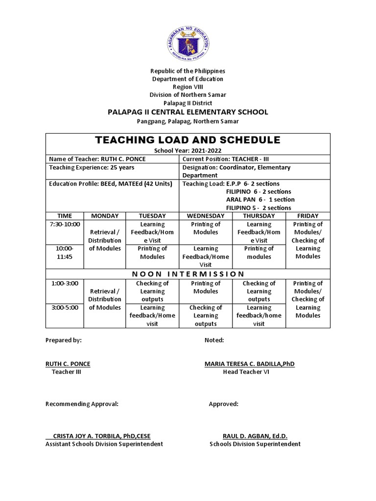 Teaching Load Schedule | PDF | Teachers | Social Institutions
