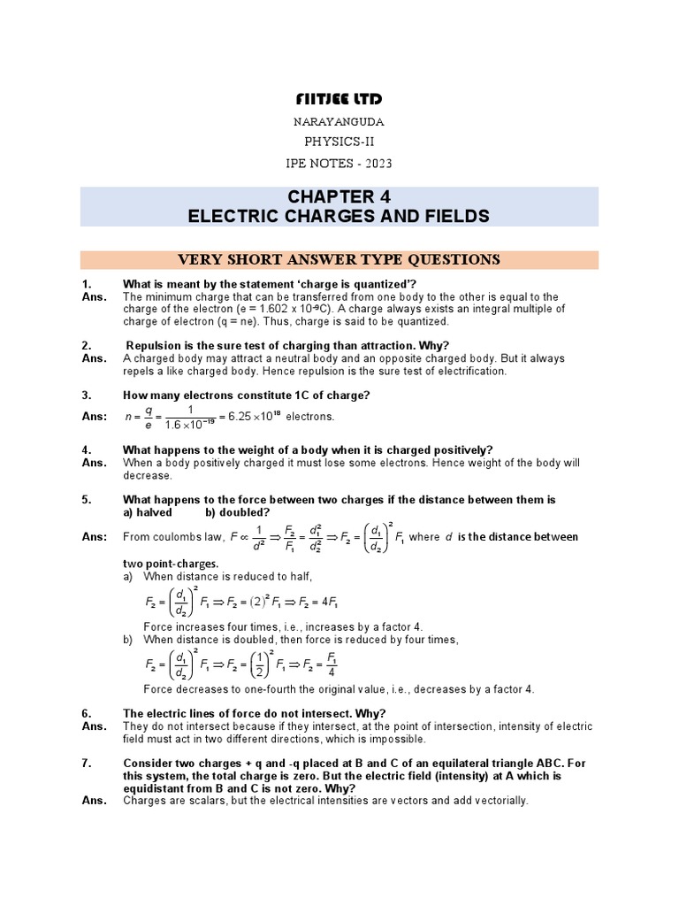SR Inter Ipe Question Bank Chapter-IV (Electric Charges and Fields) | PDF | Electric Field ...