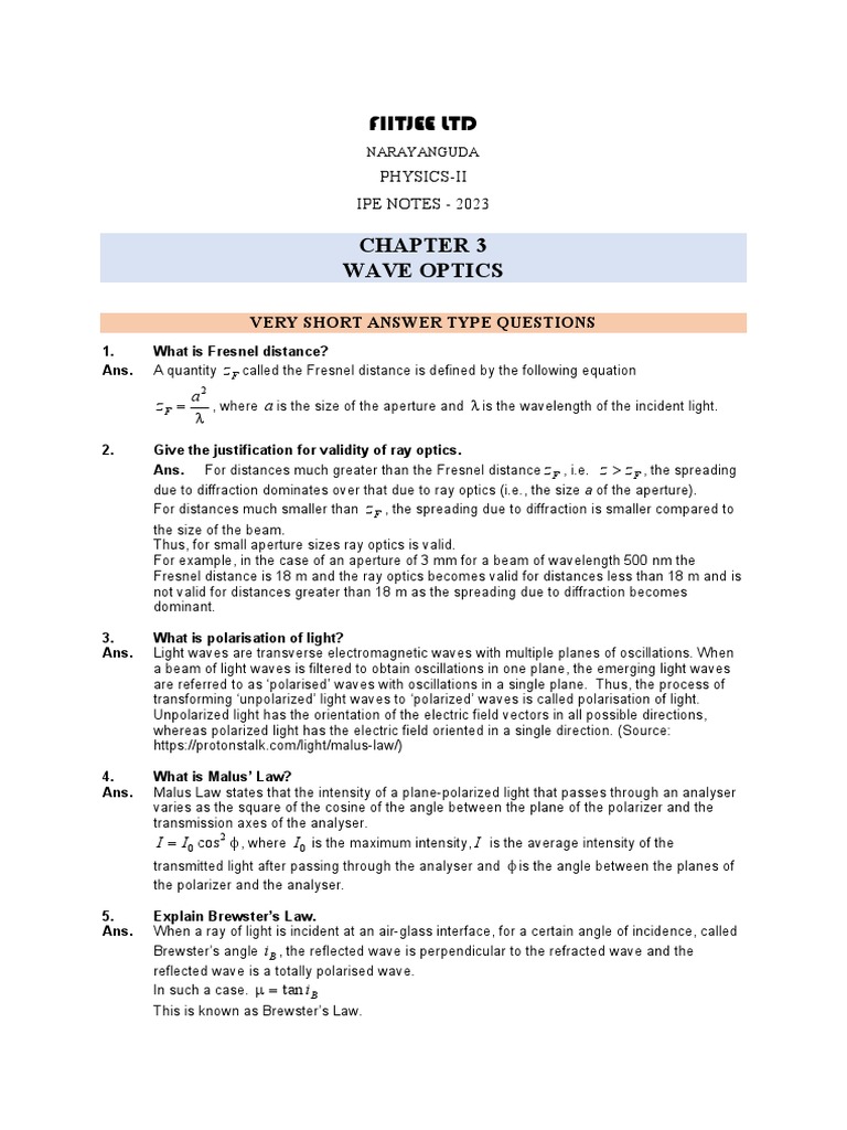 SR Inter IPE Question Bank Chapter-III (WAVE OPTICS) | PDF | Polarization (Waves) | Waves