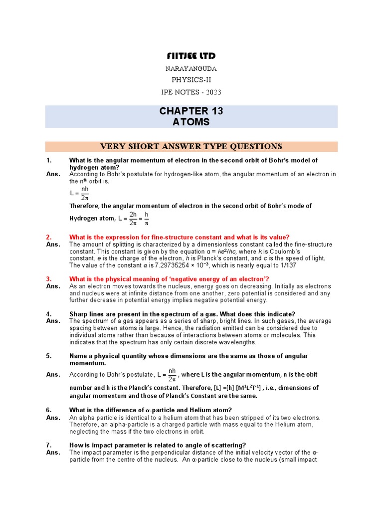 SR Inter IPE Question Bank Chapter-XIII (ATOMS) | PDF | Electron | Atoms