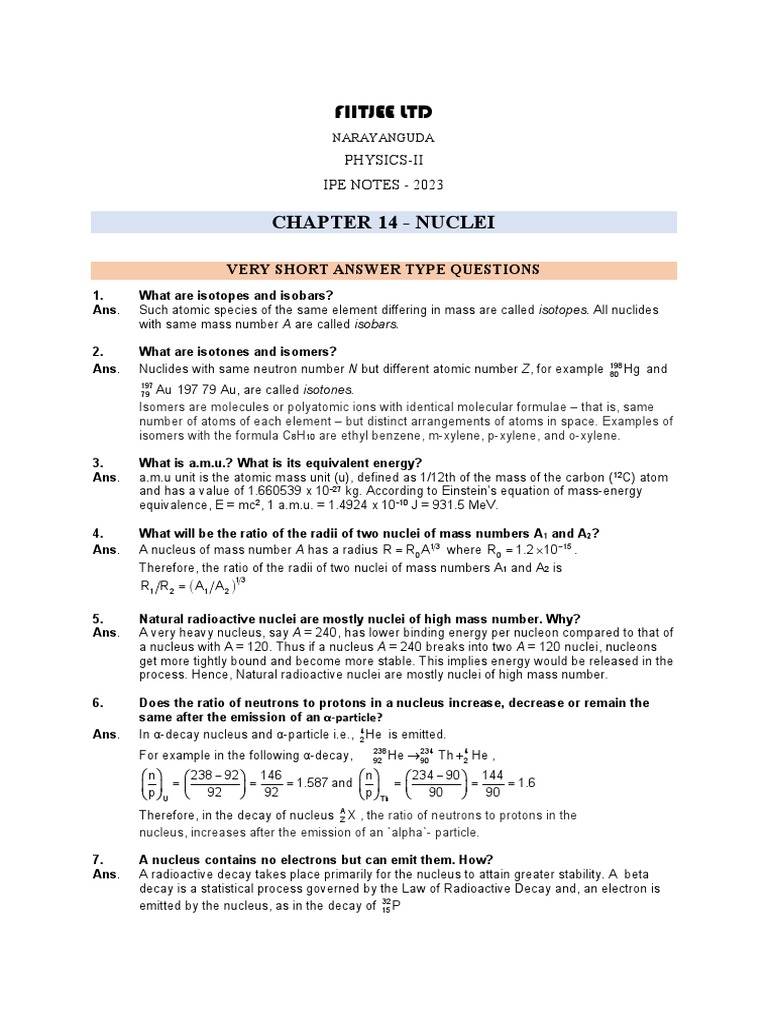 SR Inter IPE Question Bank Chapter-XIV (NUCLEI) | Download Free PDF | Neutron | Nuclear Fission