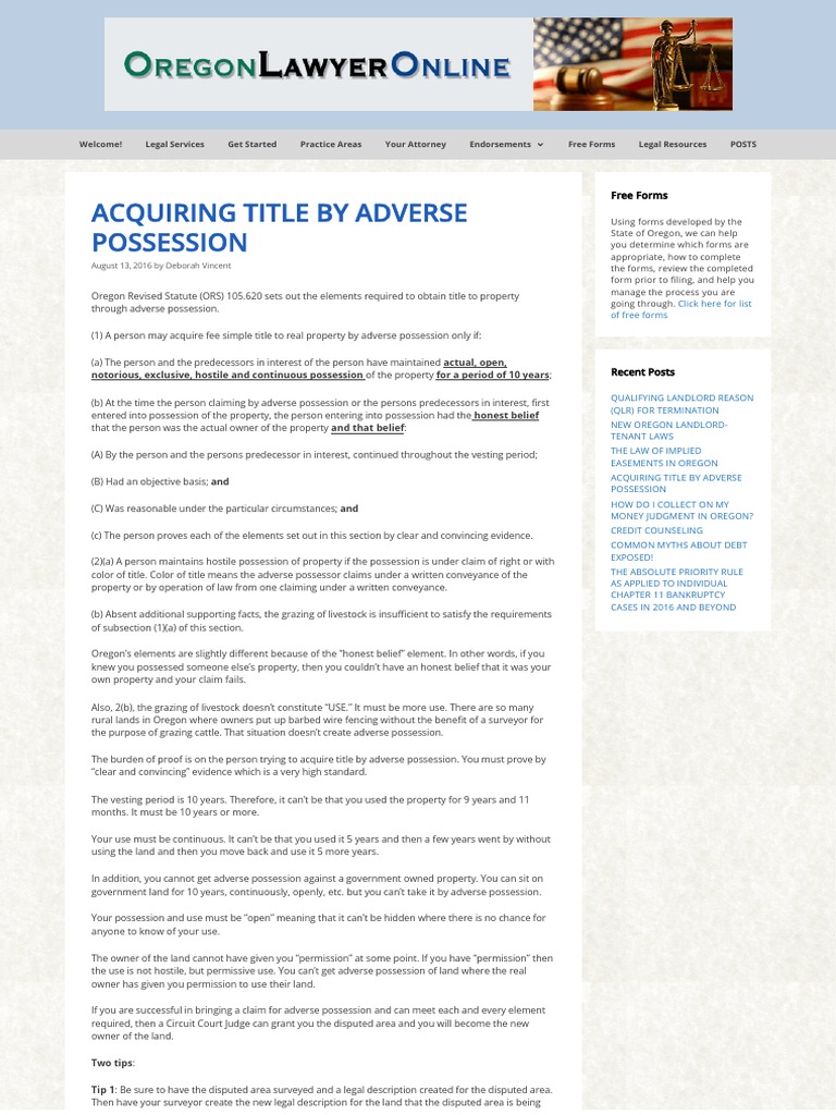 Acquiring Title by Adverse Possession - Oregon Lawyer Online | PDF ...