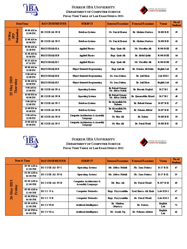 Sukkur IBA CS Lab Exam Timetable 2023 | PDF | Computing | Physical Sciences