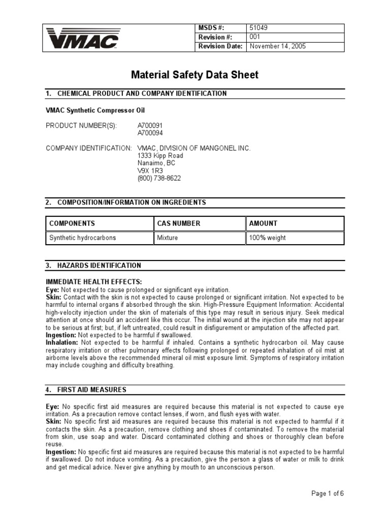 MSDS - Sheet Compresro Air Vamntage | PDF | Personal Protective ...