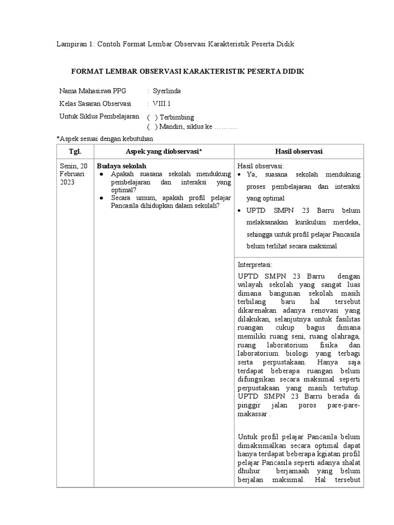 Lampiran 1 - Contoh Format Lembar Observasi Karakteristik Peserta Didik ...
