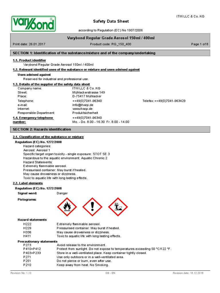 RG - 150 - 400 Varybond Regular Grade Aerosol MSDS (E) | PDF ...