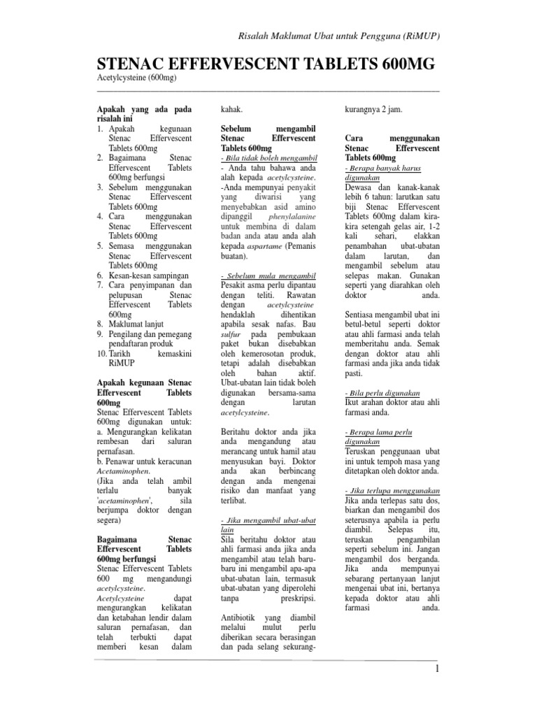 Stenac Effervescents Tablets 600mg Acetylcysteine Apex Pharmacy ...
