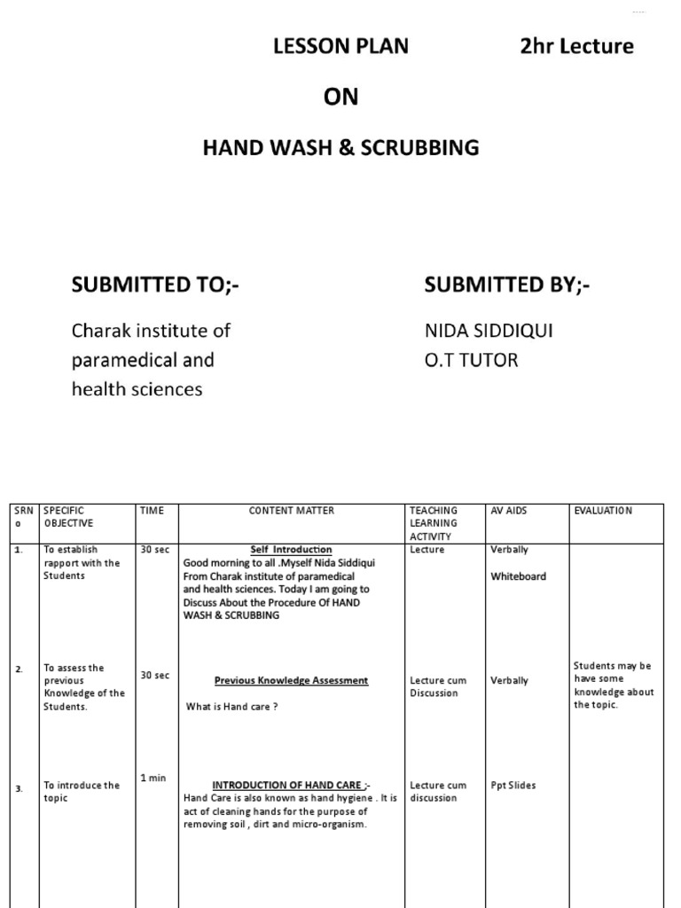Hand Hygiene Lesson Plan | PDF | Hand Washing | Nail (Anatomy)
