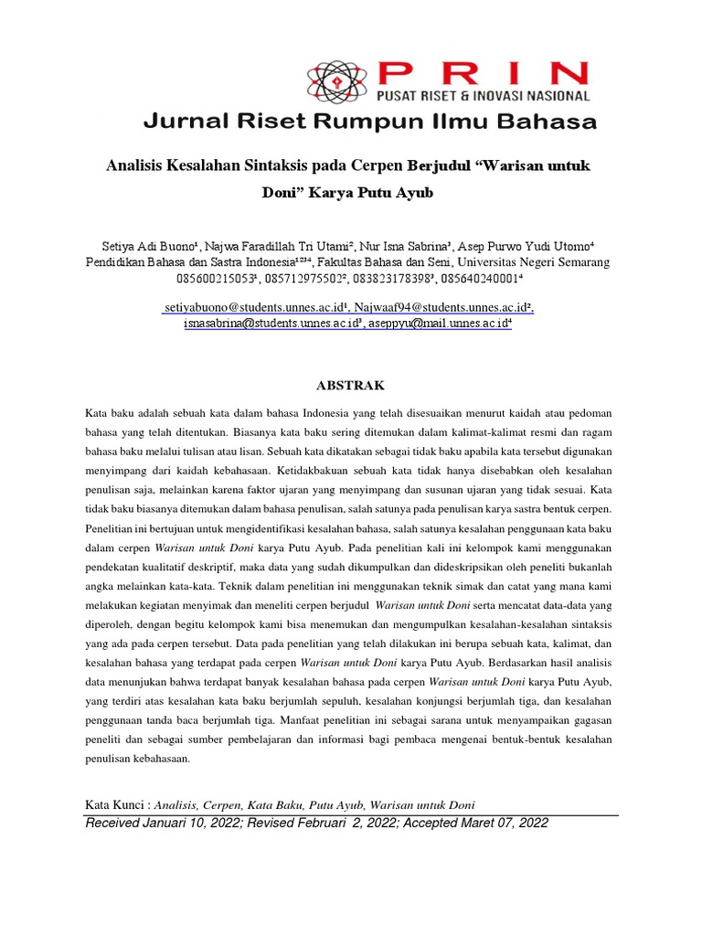 Analisis Kesalahan Sintaksis Pada Cerpen Berjudul "Warisan Untuk Doni" Karya Putu Ayub | PDF