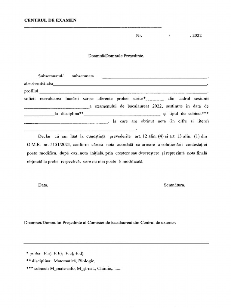 Cerere Contestatii - BAC 2022 | PDF