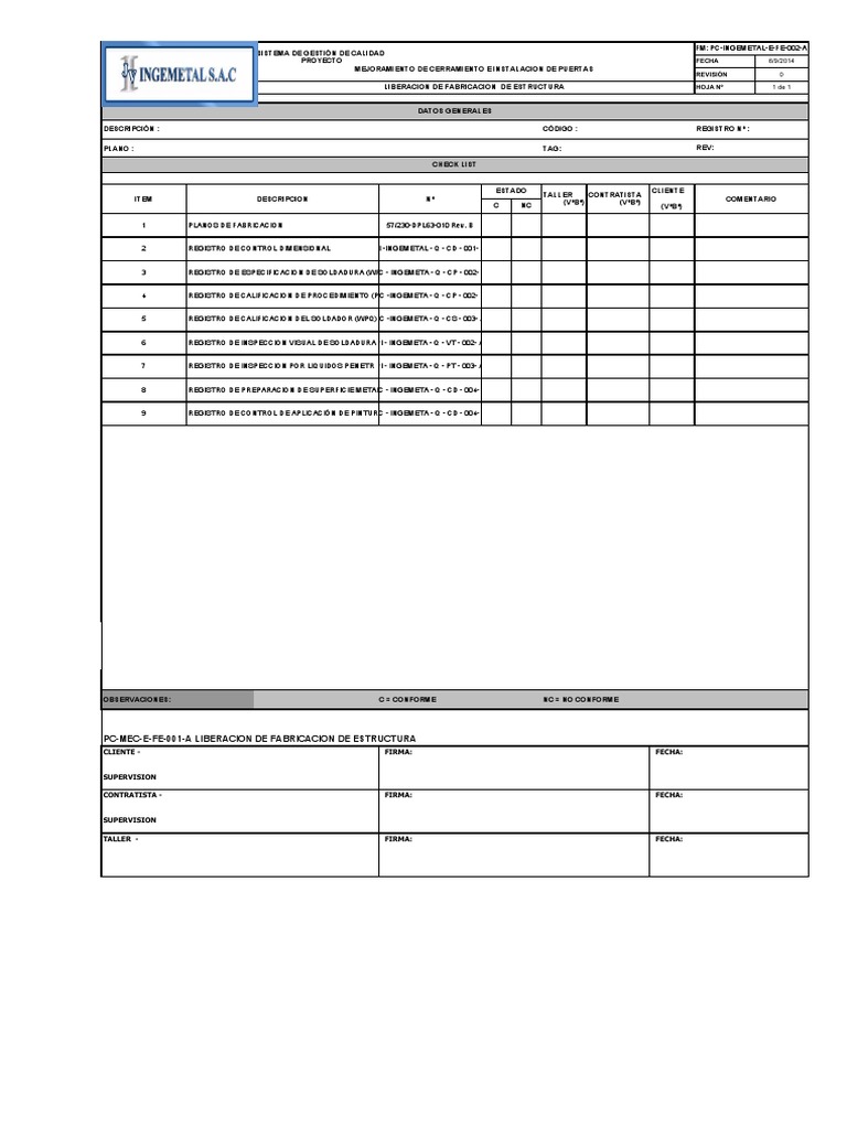PC-INGEMETAL-E-FE-002-A - Liberacion de Fabricacion de Estructuras Rev. A | PDF | Procesos de ...