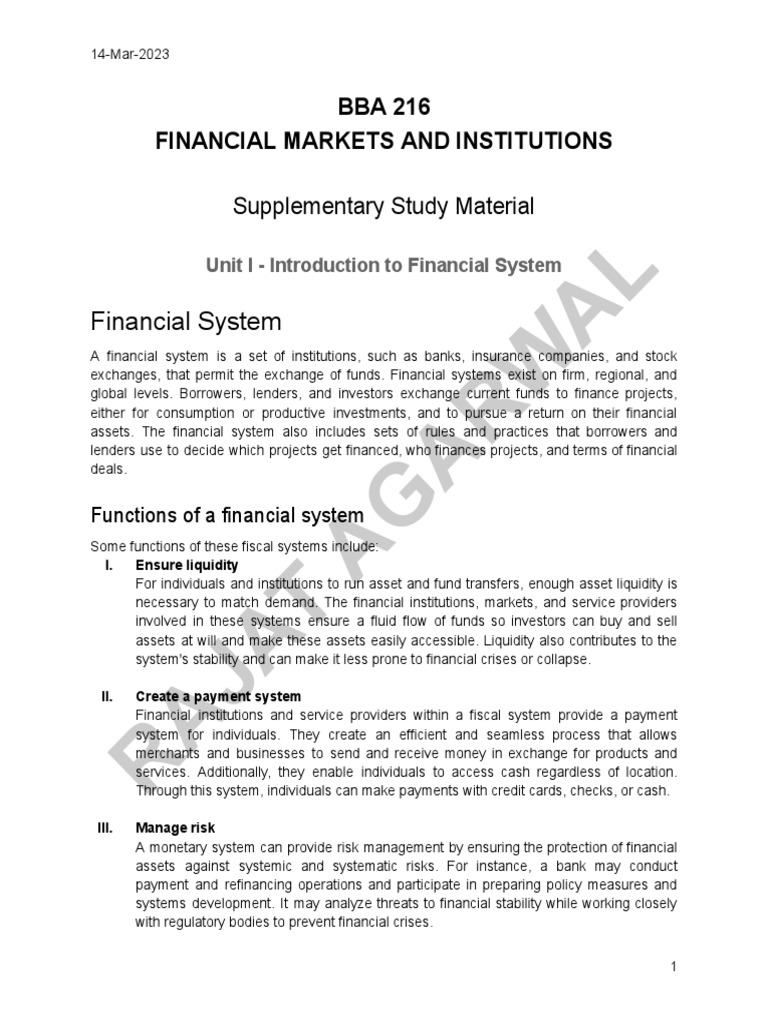 BBA FMI Unit 1 - No | PDF | Financial Markets | Securities (Finance)
