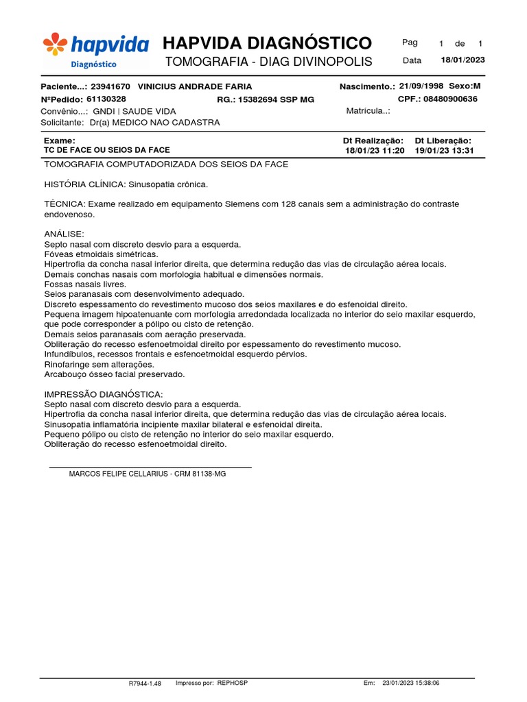 Hapvida Diagnóstico: Tomografia - Diag Divinopolis | PDF