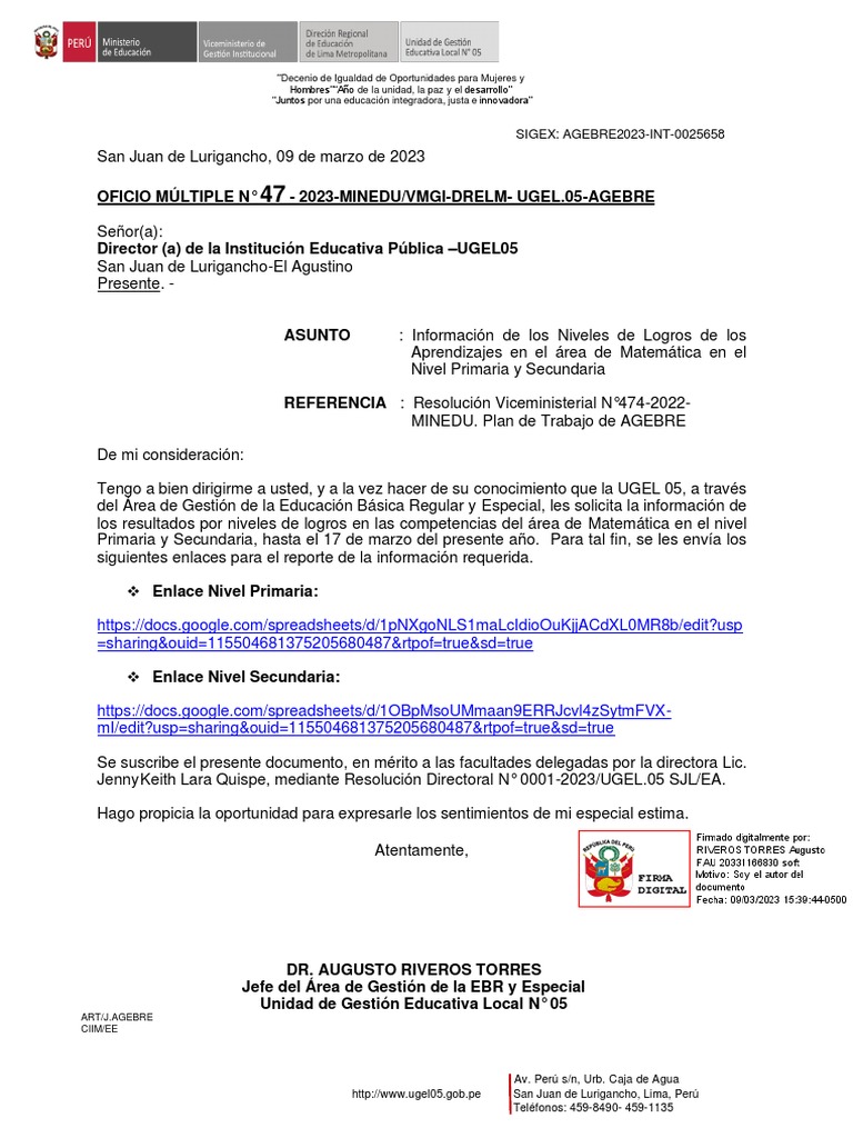 Oficio Múltiple #47-2023-AGEBRE, Información de Los Niveles de Logro de Los Aprendizajes PS (1 ...