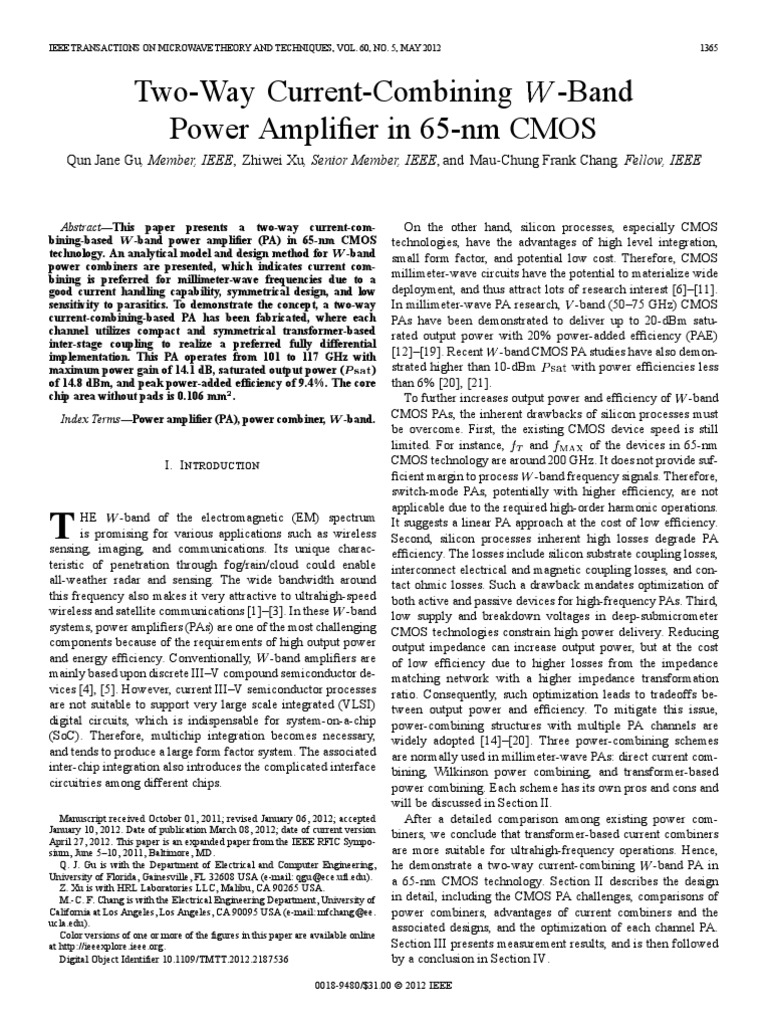 2012 Two Way Current Combining W Band Power Amplifier in 65 NM CMOS ...