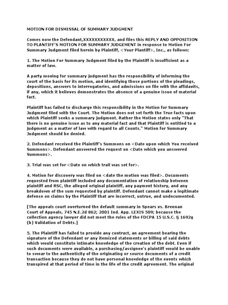 Sample Motion For Dismissal of Summary Judgment | PDF | Summary ...