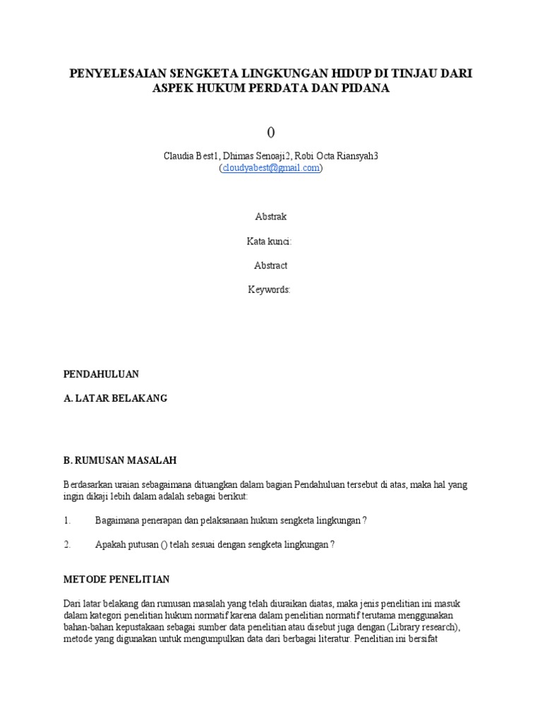 Penyelesaian Sengketa Lingkungan Hidup Di Tinjau Dari Aspek Hukum Perdata Dan Pidana | PDF