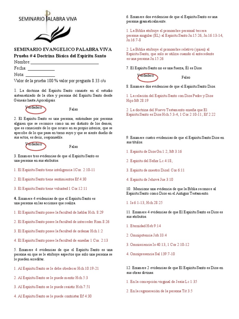 Pauta de Prueba # 4 Doctrina Básica Del Espíritu Santo-1 | PDF | espíritu Santo | Creencia ...