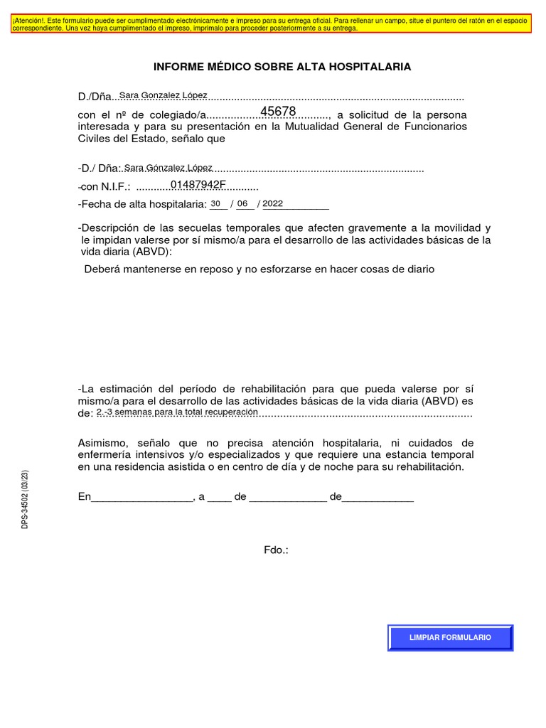 Informe de Alta Hospitalaria | PDF | Medicina | Cuidado de la salud