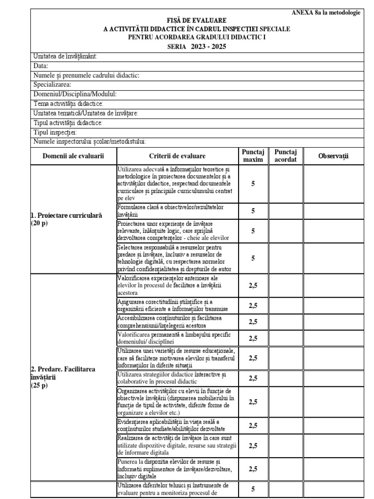 Anexa 8a Fisa de Evaluare Is Gradul I 2023-2025 | PDF