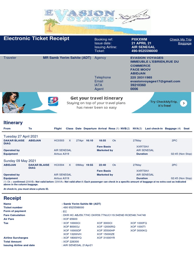 Air Senegal Electronic Ticket Receipt | PDF | Transport | Aviation