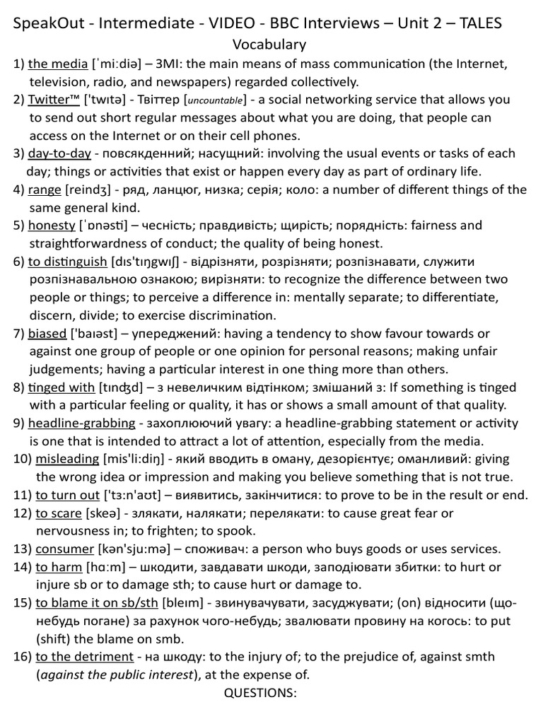 BBC Interviews - Unit 2 - TALES - VOCABULARY | PDF | Mass Media | Communication