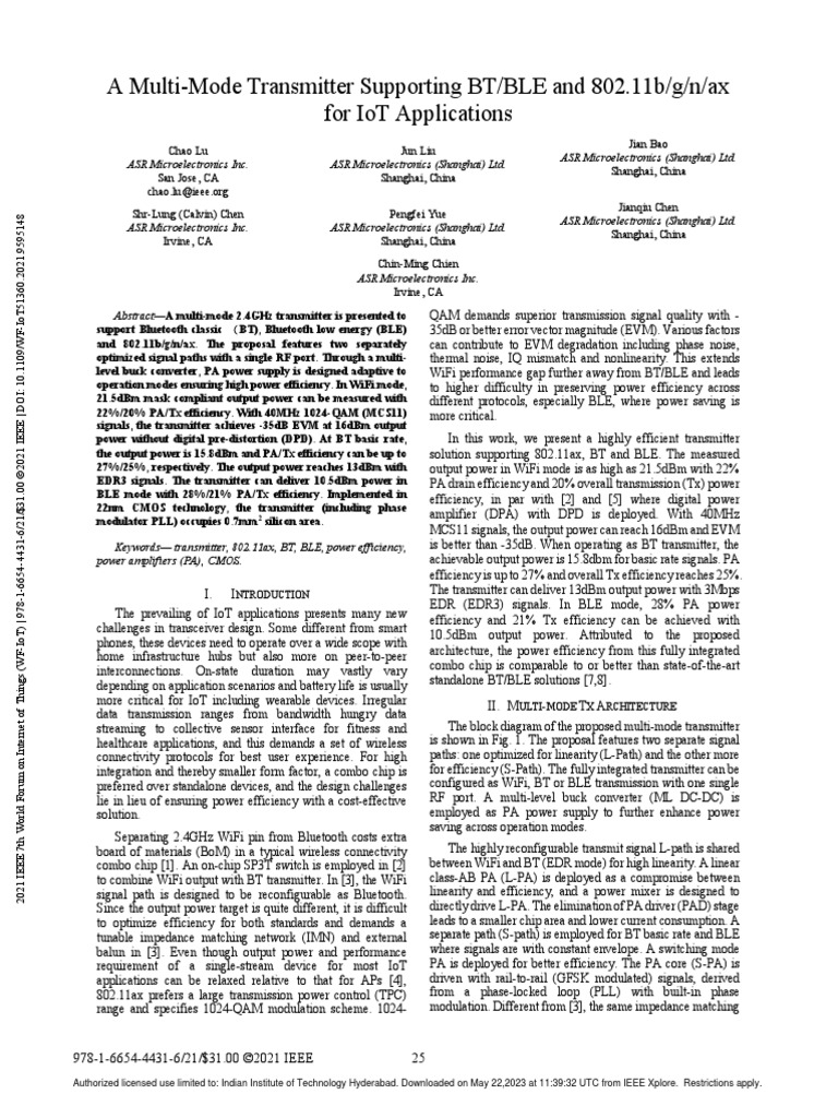 A Multi-Mode Transmitter Supporting BT BLE and 802.11b G N Ax For IoT ...