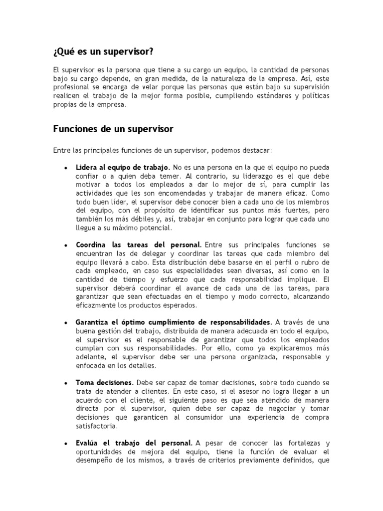 Qué Es Un Supervisor | PDF | Liderazgo | Gestión de recursos humanos Qué Es Un Supervisor | PDF | Liderazgo | Gestión de recursos humanos