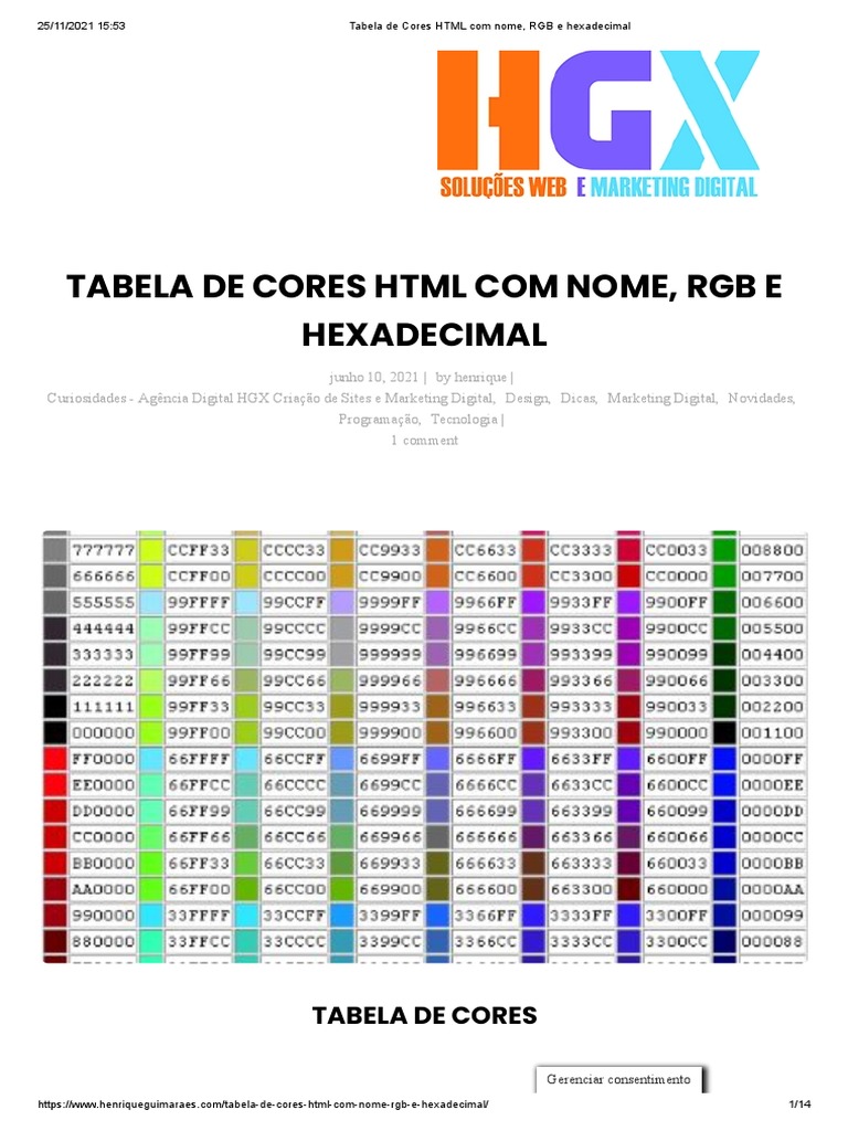 Tabela De Cores Html Com Nome Rgb E Hexadecimal Pdf Cor Html