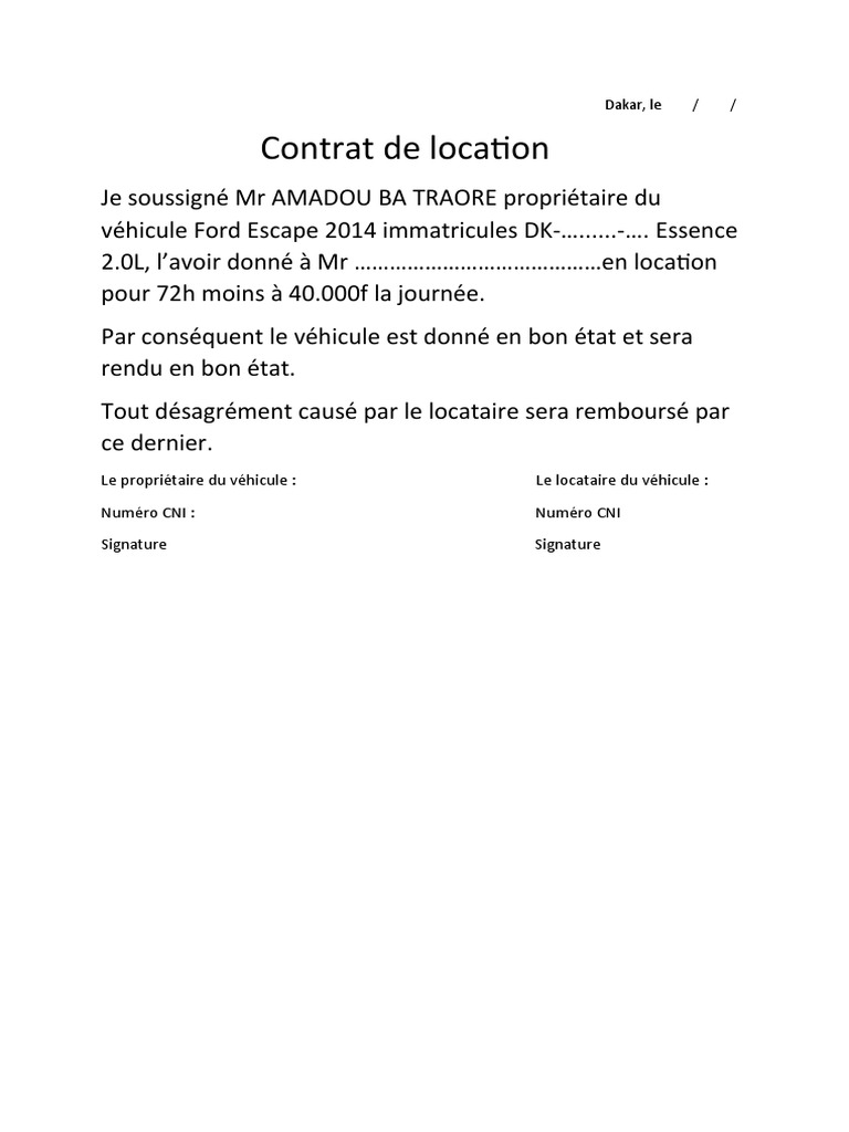 Contrat de location de véhicule Sénégal | PDF | Affaires | Droit