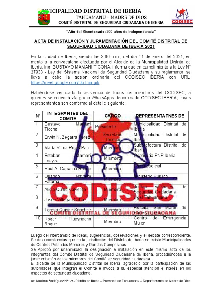 Acta de Instalacion Codisec 2021 | PDF | Gobierno