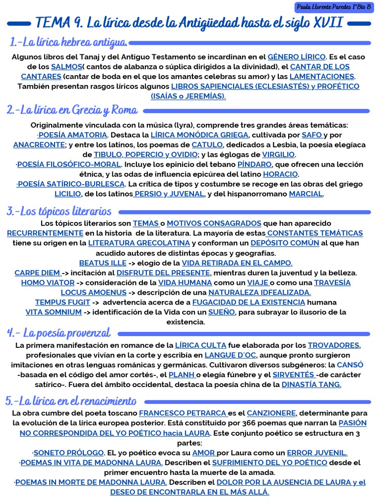 TEMA 9. La Lírica Desde La Antigüedad Hasta El Siglo XVII | PDF ...
