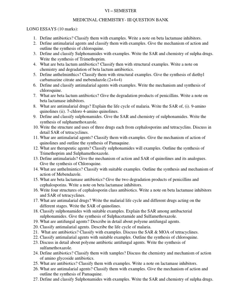 (Medicinal Chemistry 3) 6sem Questions Bank (B Pharmacy) | PDF | Beta ...