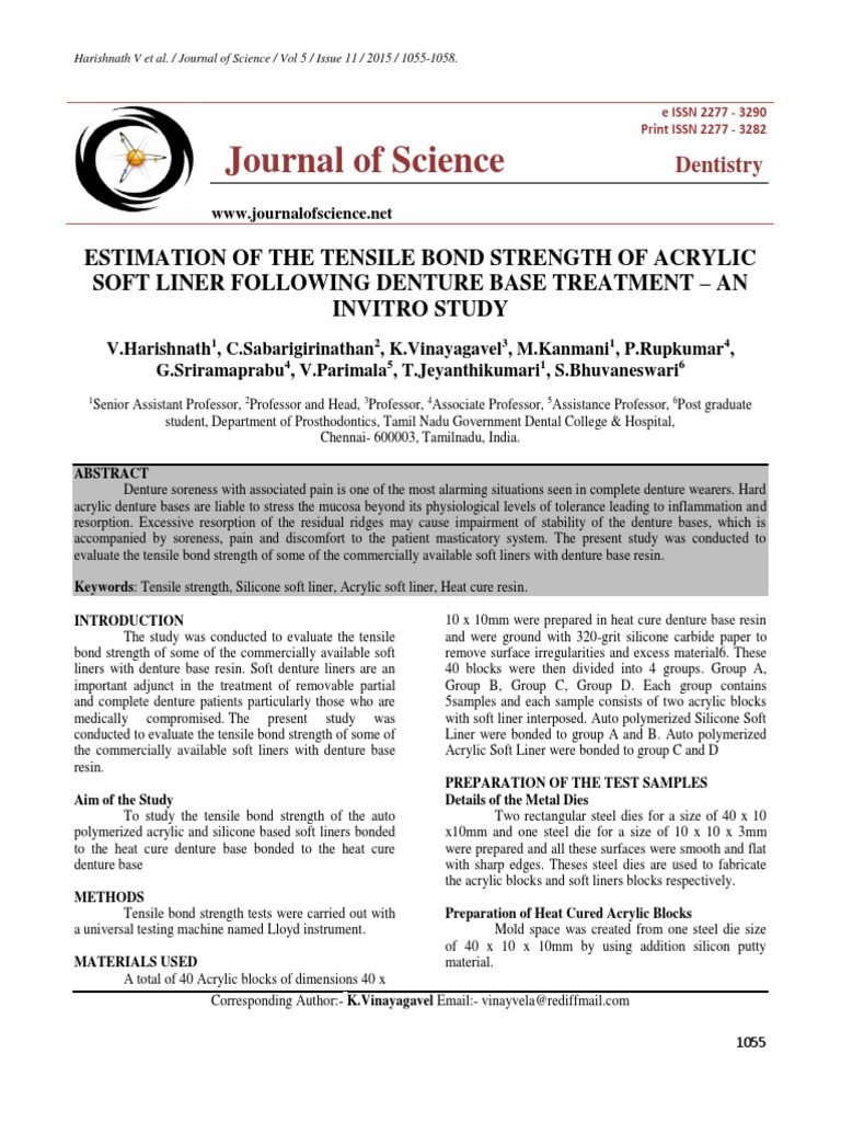 Estimation of The Tensile Bond Strength of Acrylic | PDF | Dentures | Poly(Methyl Methacrylate)