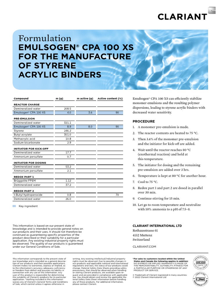 Clariant File Reactive Emulsifiers Guide Formulation Styrene Acrylic ...