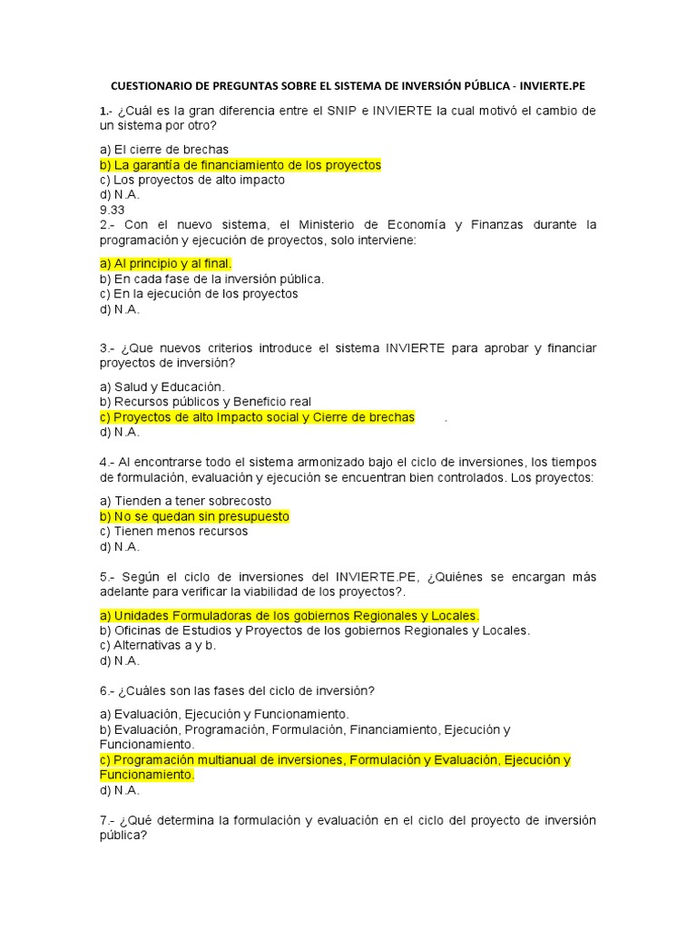 Cuestionario Invierte Pe Resueltas 1 | PDF | Presupuesto | Economias