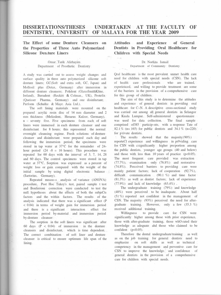 V I Y M: Dissertations/Theses Undertaken at The Faculty of Dentistry ...